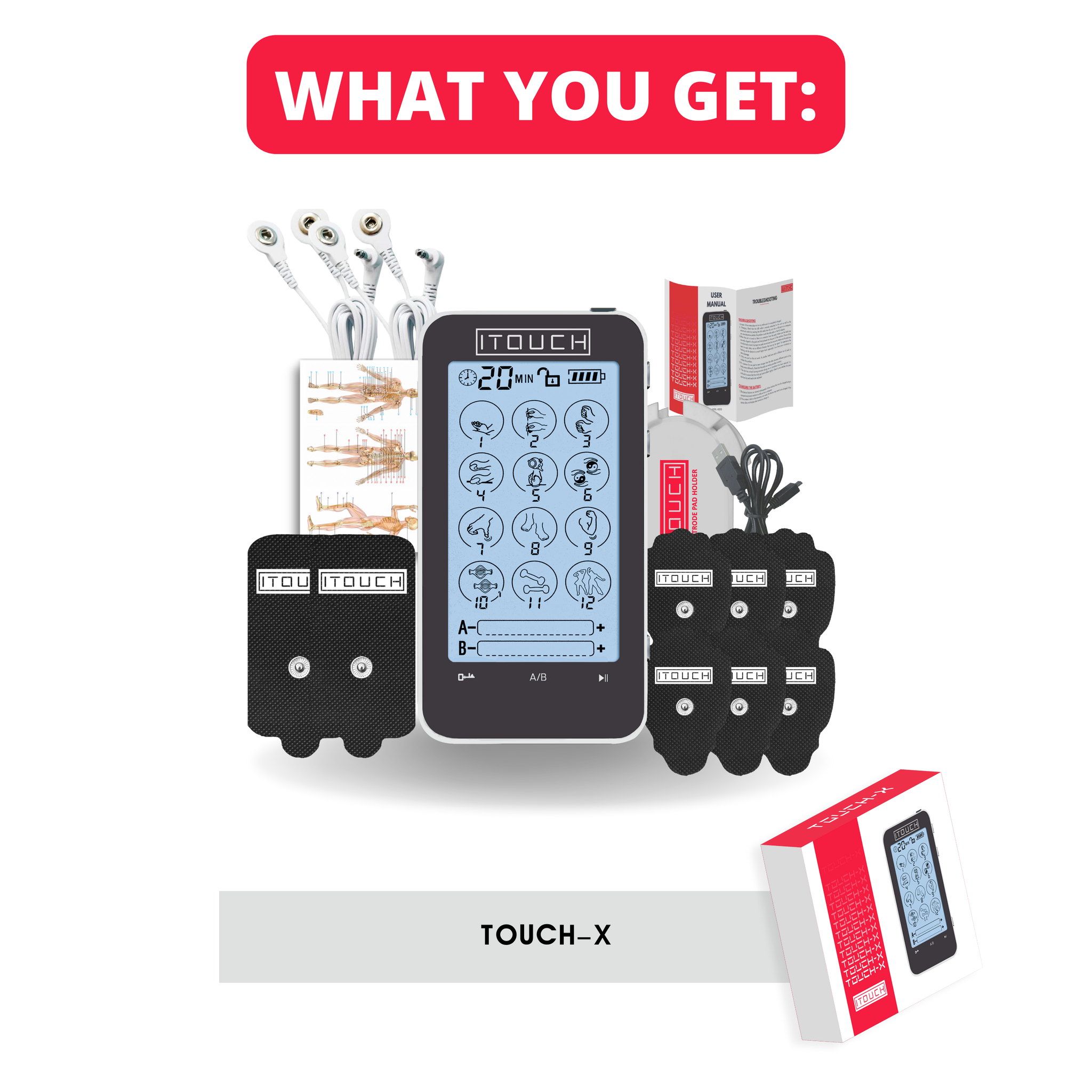 TOUCH-X TENS & EMS - 12 Modes, Dual Channel, Pain Relief Massager ...